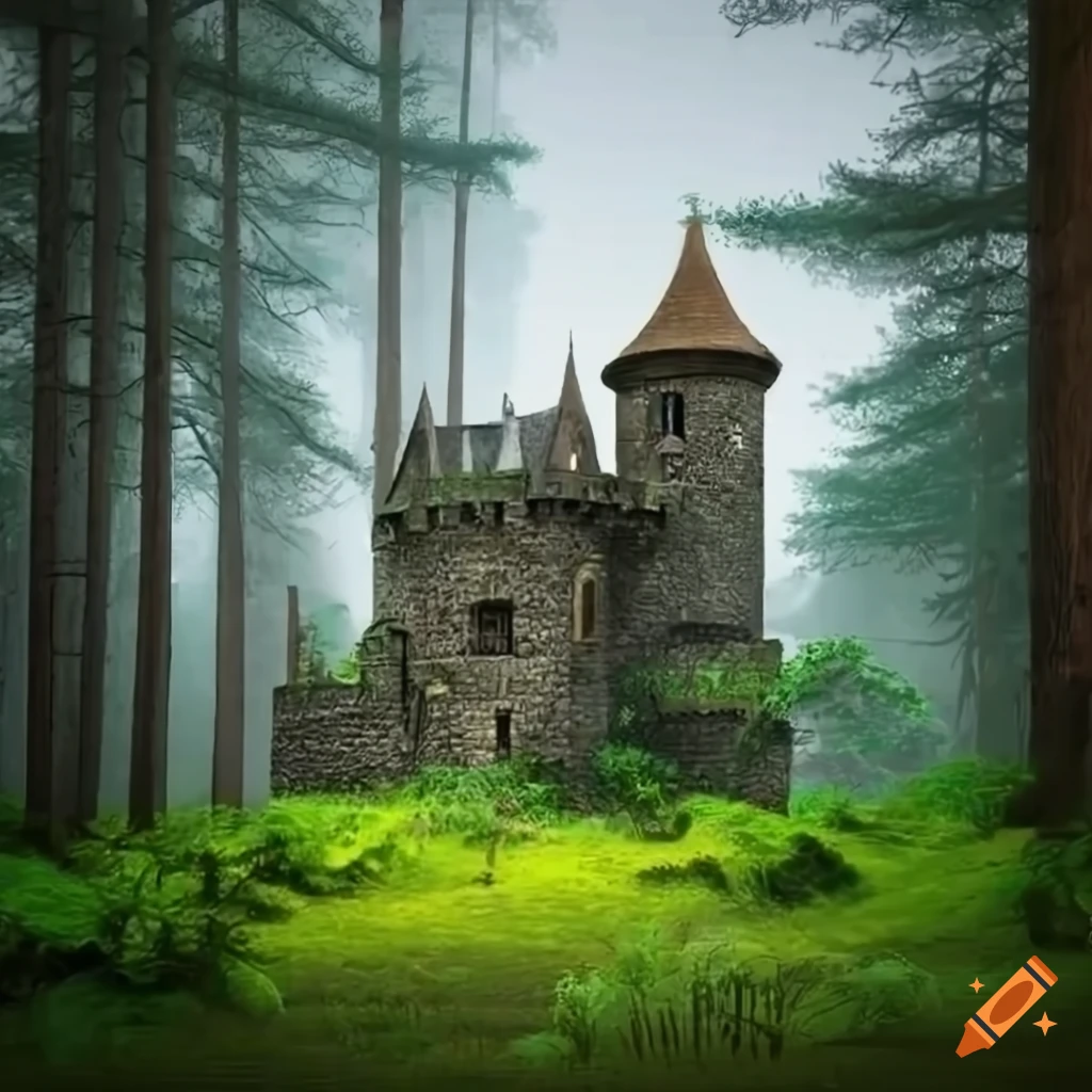 Small middle ages stone castle in a pine forest with overgrown ferns on ...