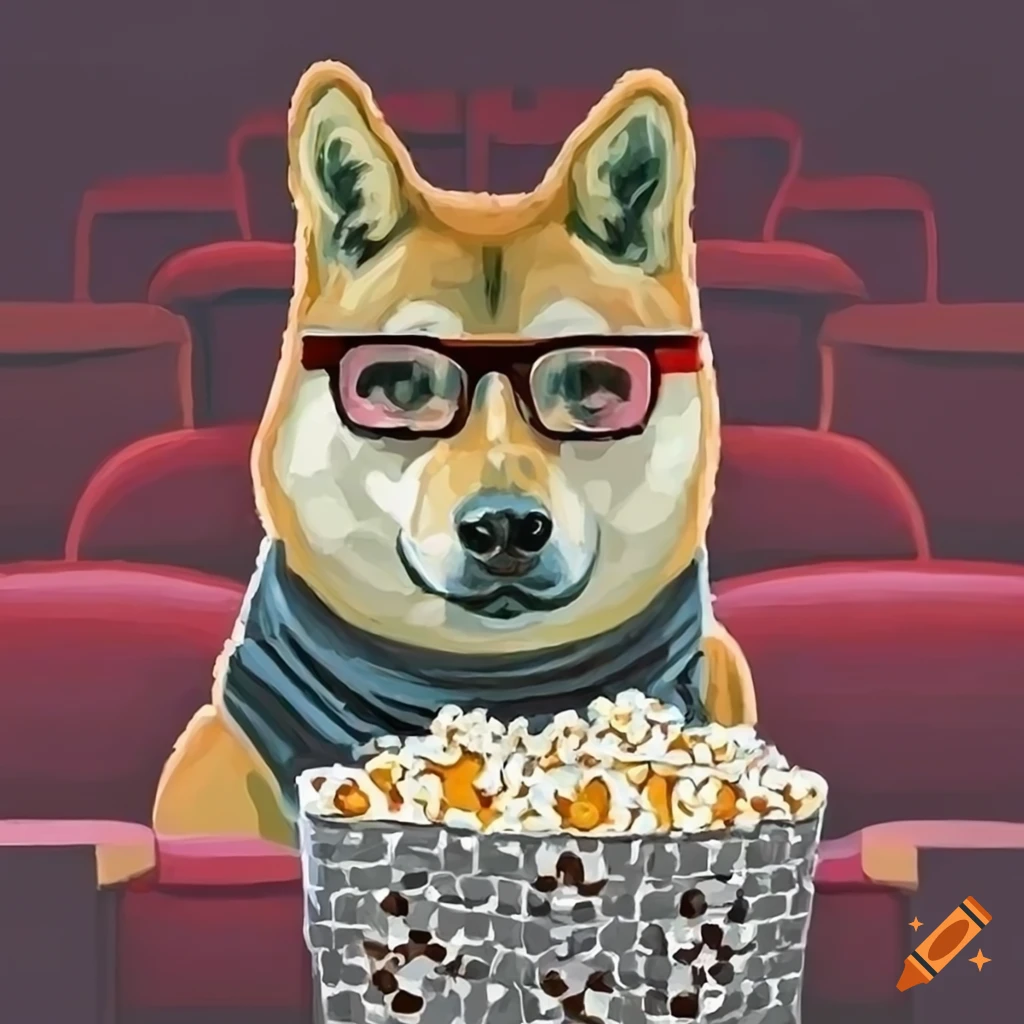 Realistic portrait of a doge with glasses eating popcorn in a movie ...