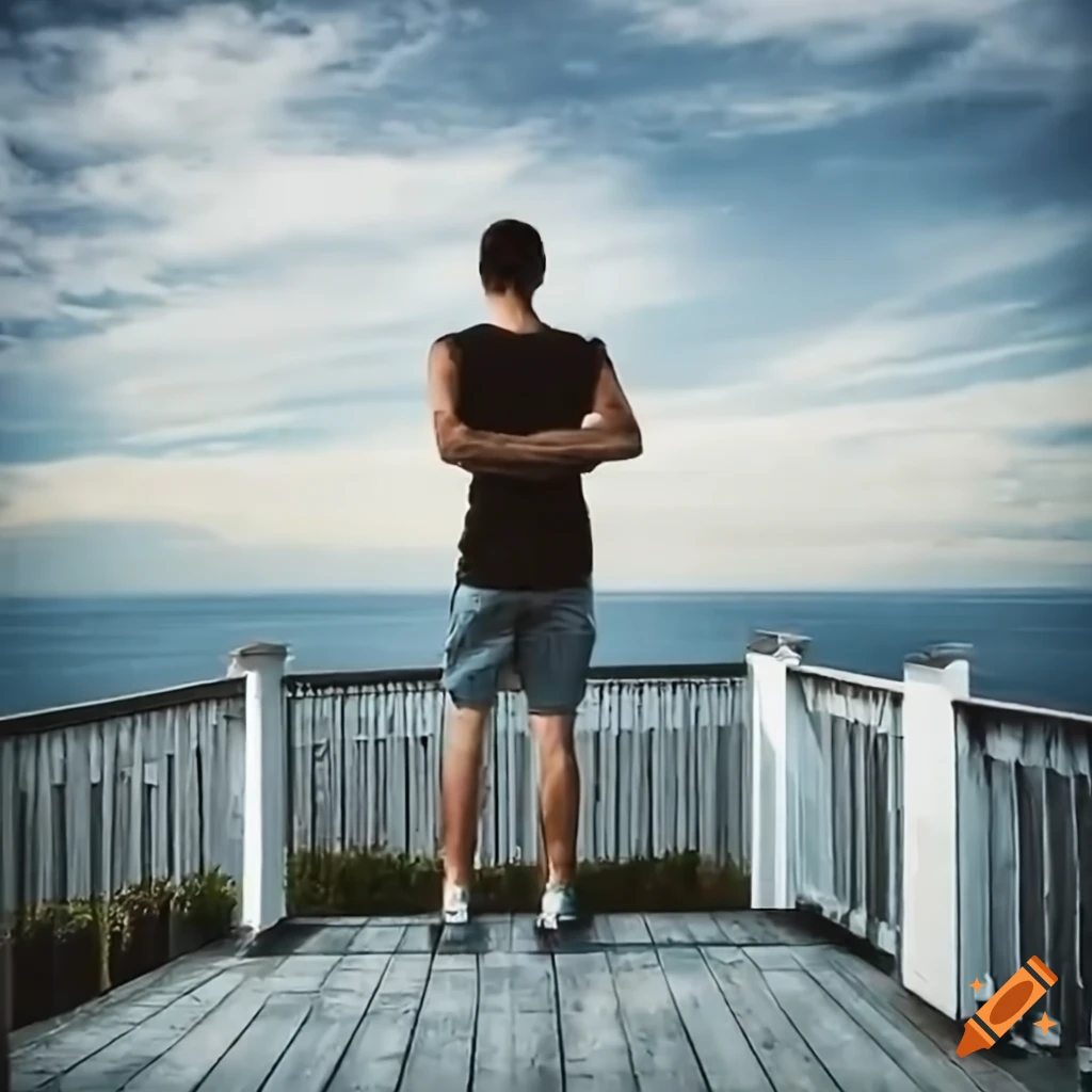 Man standing on terrace observing sunny sky and clouds on Craiyon