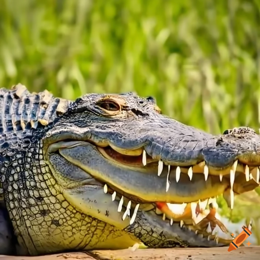 Crocodile driving a tractor through a sunny field on Craiyon