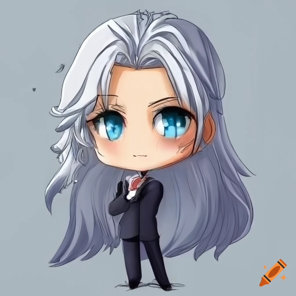 Chibi anime style drawing of a young white-haired attorney on Craiyon