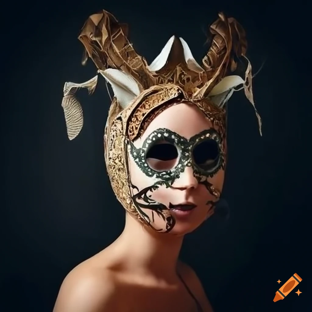 Woman in a unique animal-themed cardboard mask at a masquerade ball on ...