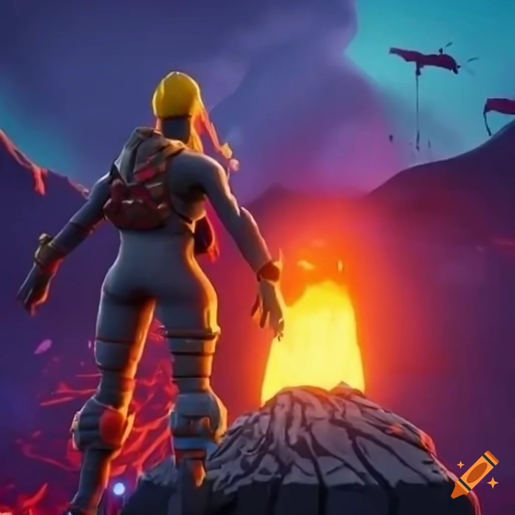 Fortnite character on platform over bubbling lava in volcano crater on ...