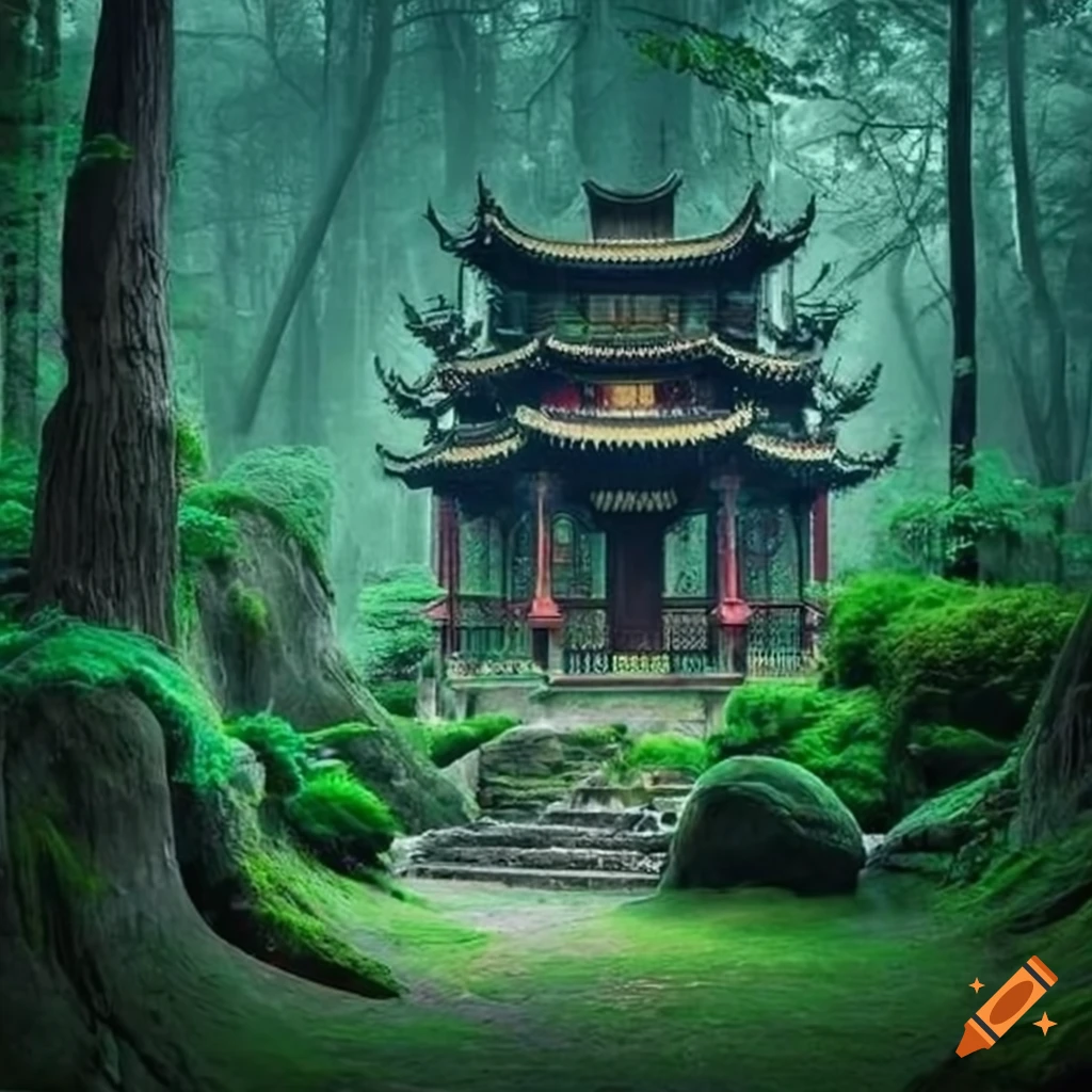 Chinese temple in an enchanted forest surrounded by lush greenery ...