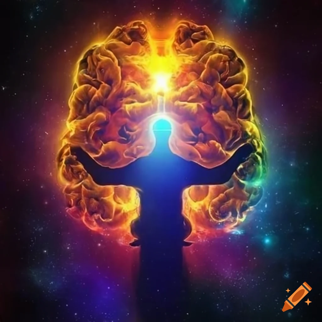 Cosmic being sitting with a glowing peaceful all-knowing brain on Craiyon