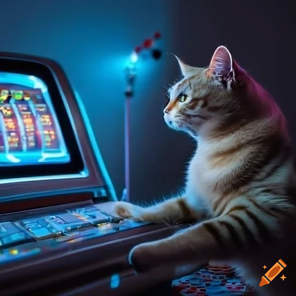 Cat playing casino slot games in a neon-lit dark room on Craiyon