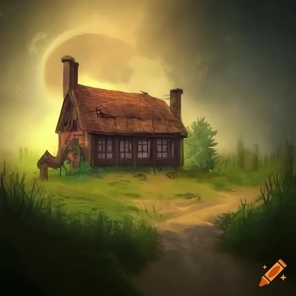 Fantasy wooden tavern in a grassy and dirt field with training ground on Craiyon