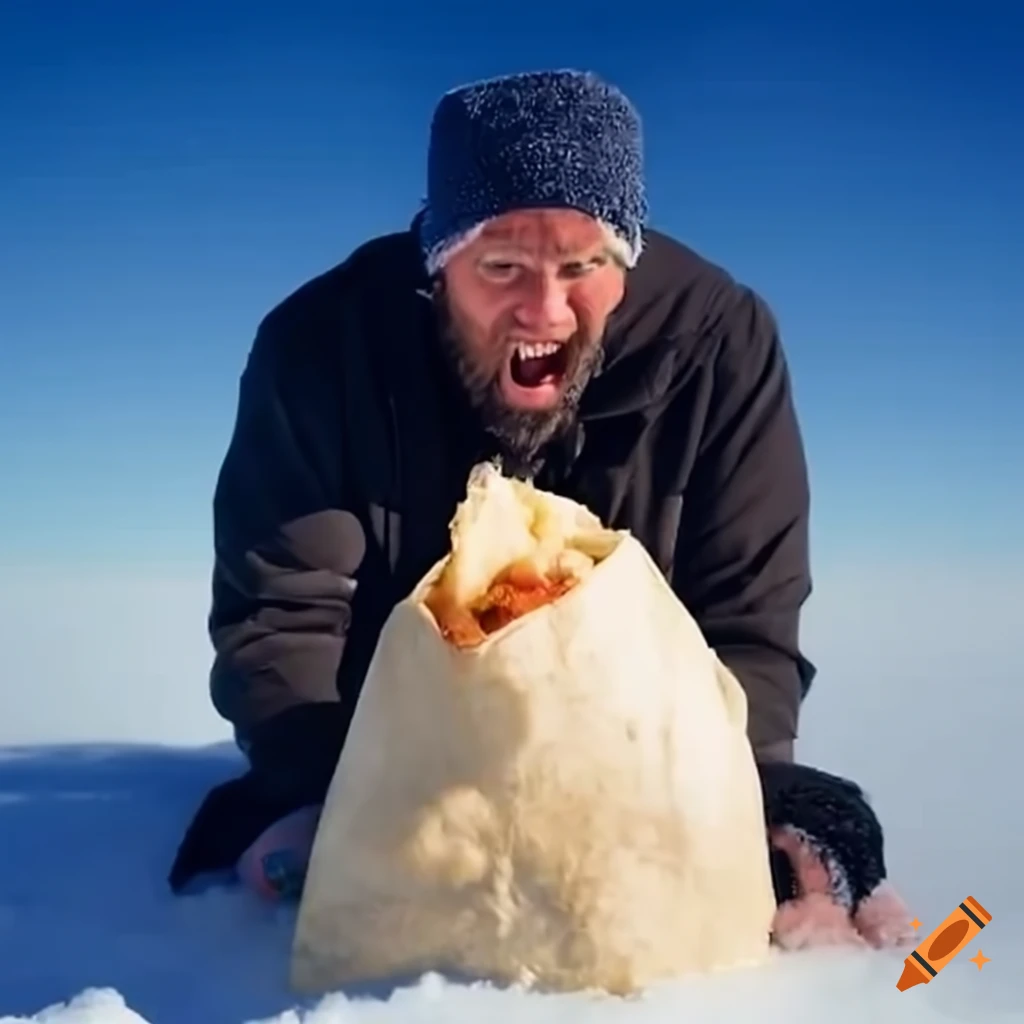 Man eating a giant burrito in the snow on Craiyon