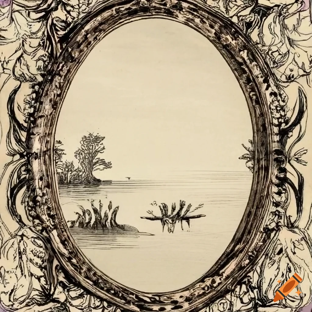 Detailed victorian pen and ink illustration of a swamp with an ornate ...