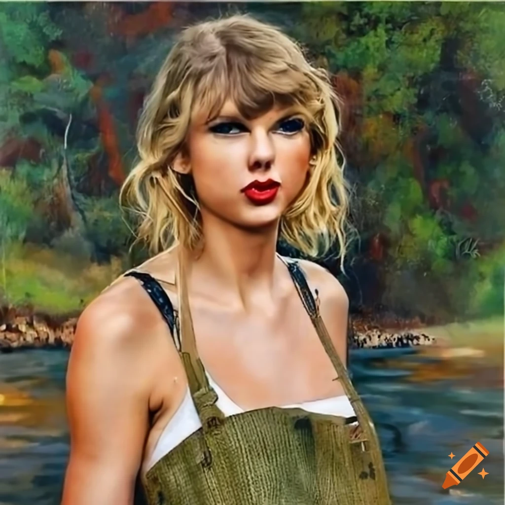 Taylor Swift standing in a North American river with mountains in the ...