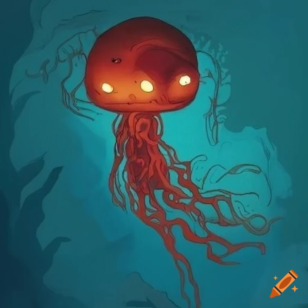 Floating jellyfish alien in a comic illustration by mike mignola on Craiyon