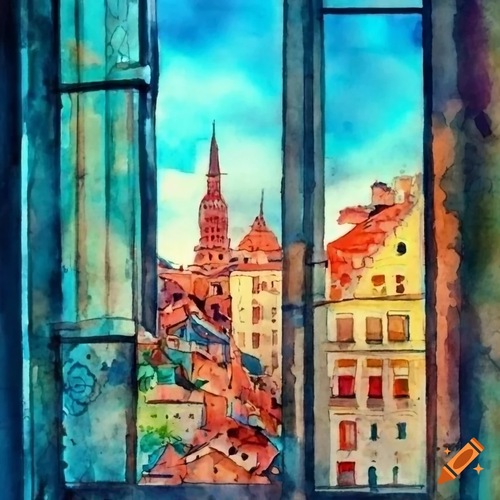 European city view from a window in watercolor on Craiyon