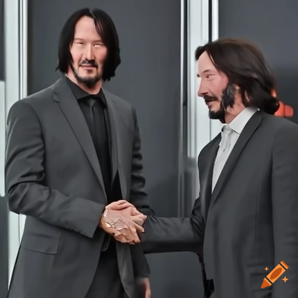 John wick shaking hands with keanu reeves on Craiyon