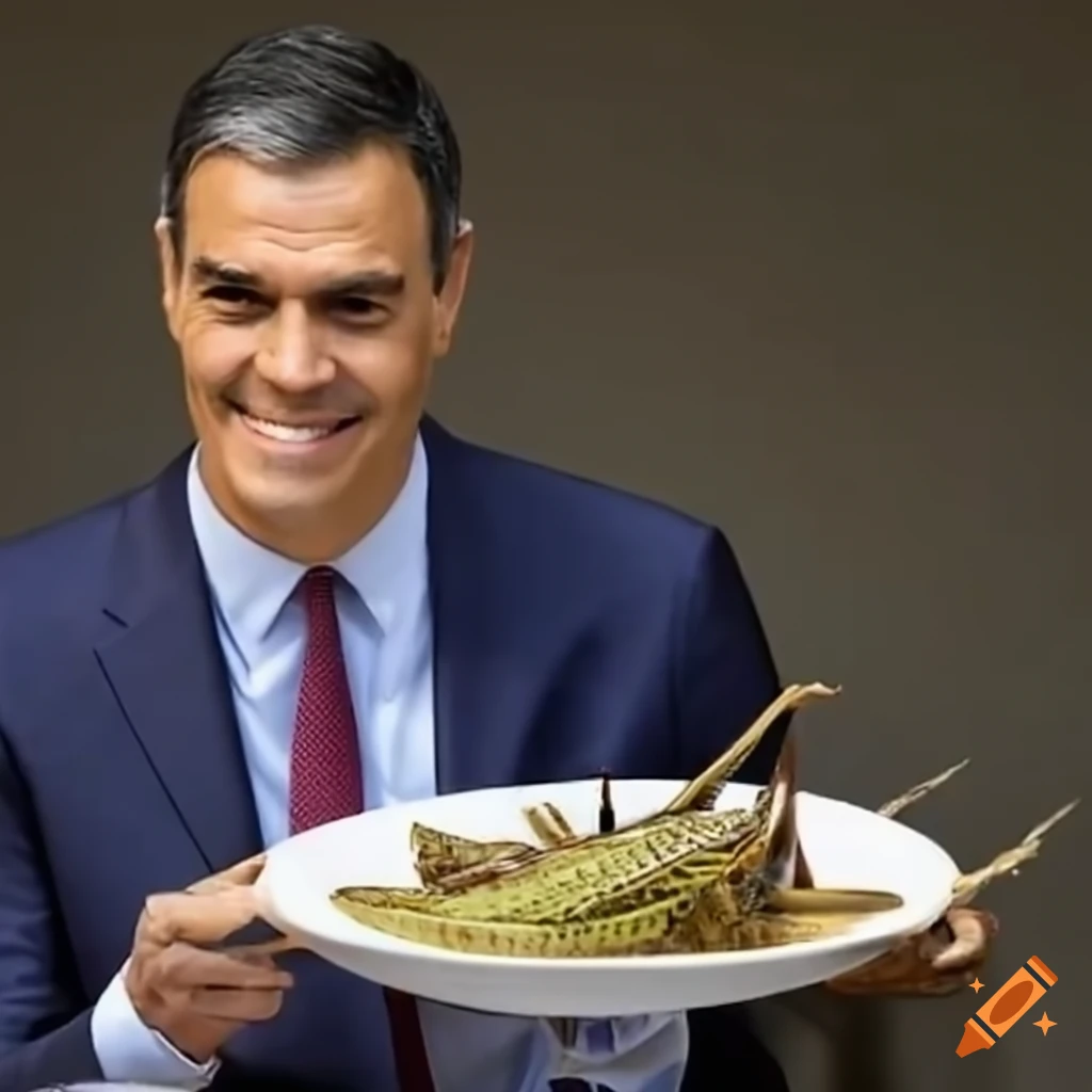 Pedro sánchez, prime minister of spain, holding a plate with ...