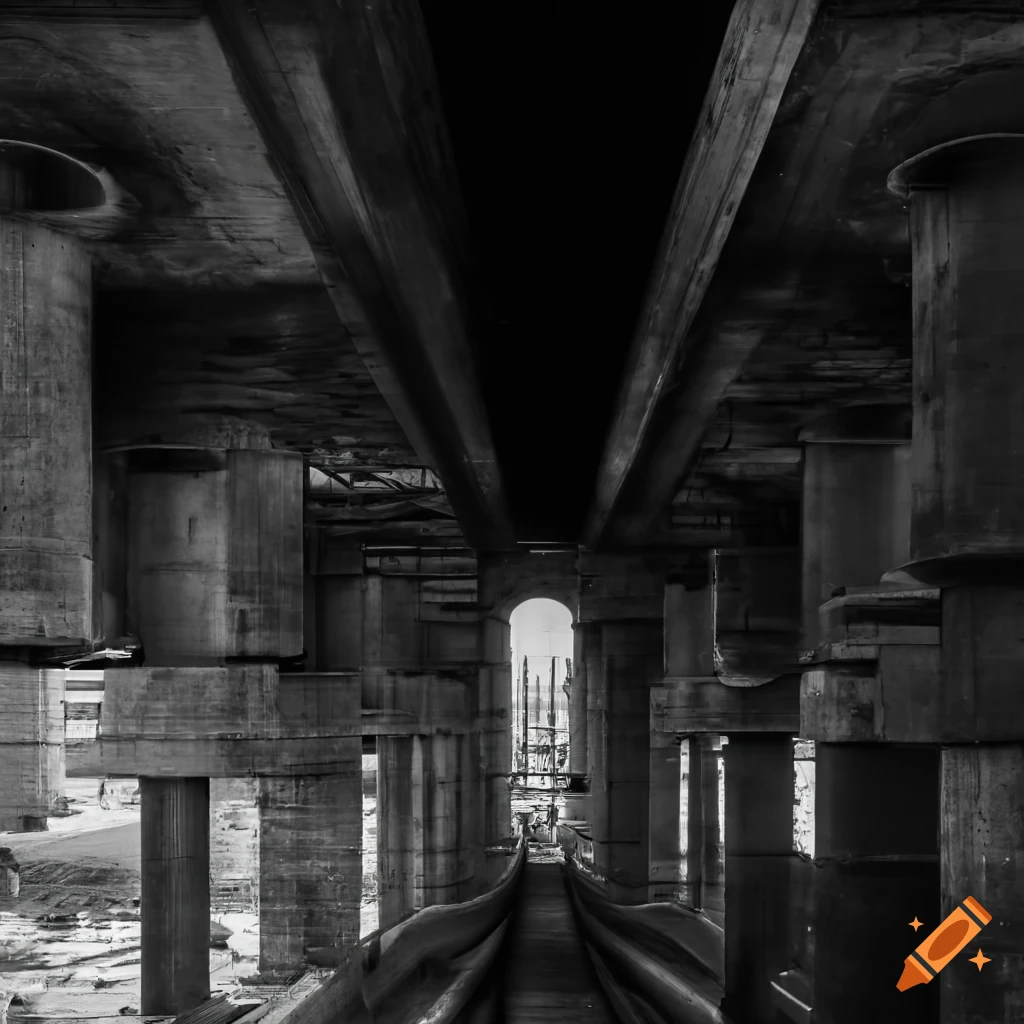 Monochrome photograph of brutalist industrial megastructure with pipes ...