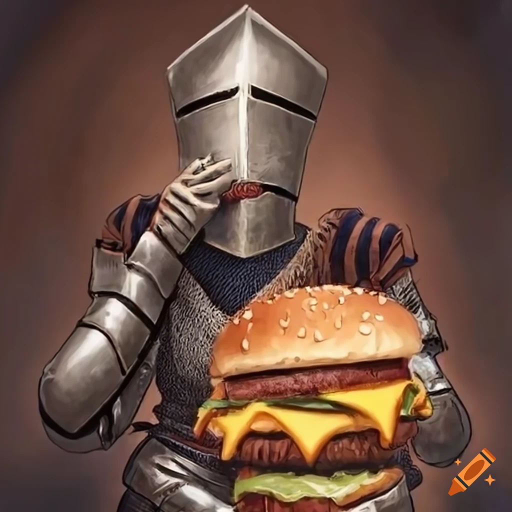 Knight enjoying a cheeseburger on Craiyon