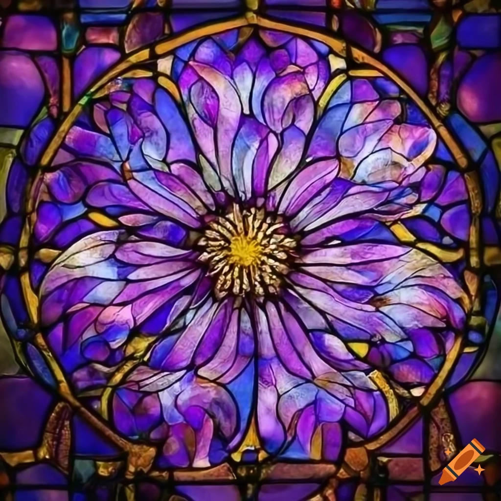 Intricate gothic stained glass window with vibrant purple hues and ...