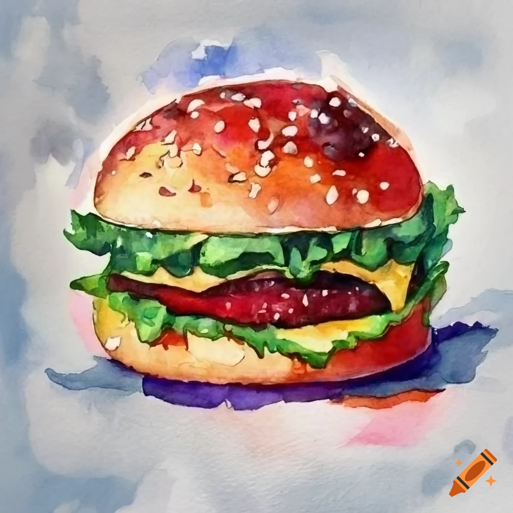 Watercolor illustration of a simple burger on Craiyon