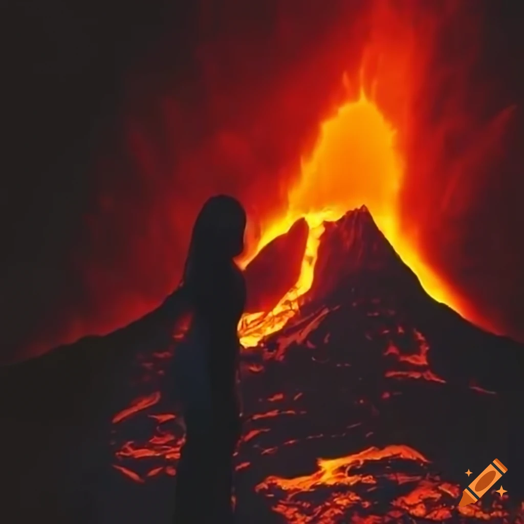 Anime girl with volcano and lava in the background on Craiyon