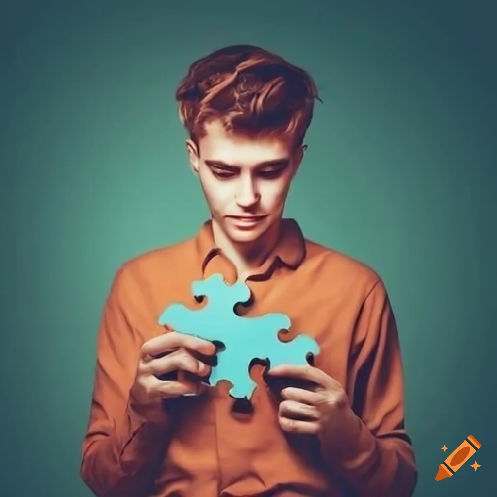 Handsome young man solving a puzzle in a dreamy landscape on Craiyon