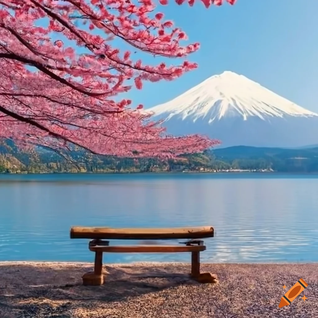 Big sakura tree with wooden bench overlooking a lake and mount fuji on ...