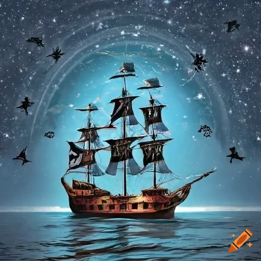 Carrack ship with pirate flag sailing under the stars on Craiyon
