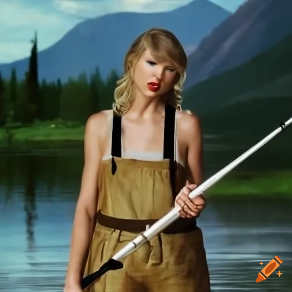 Taylor swift standing in a north american river with mountains in the ...