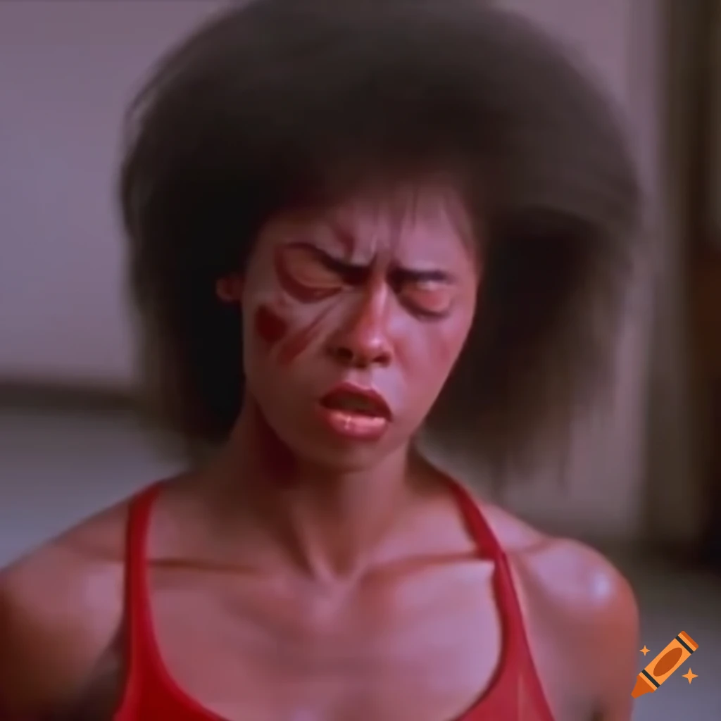 Bruised woman martial arts fighter with dizzy expression on Craiyon