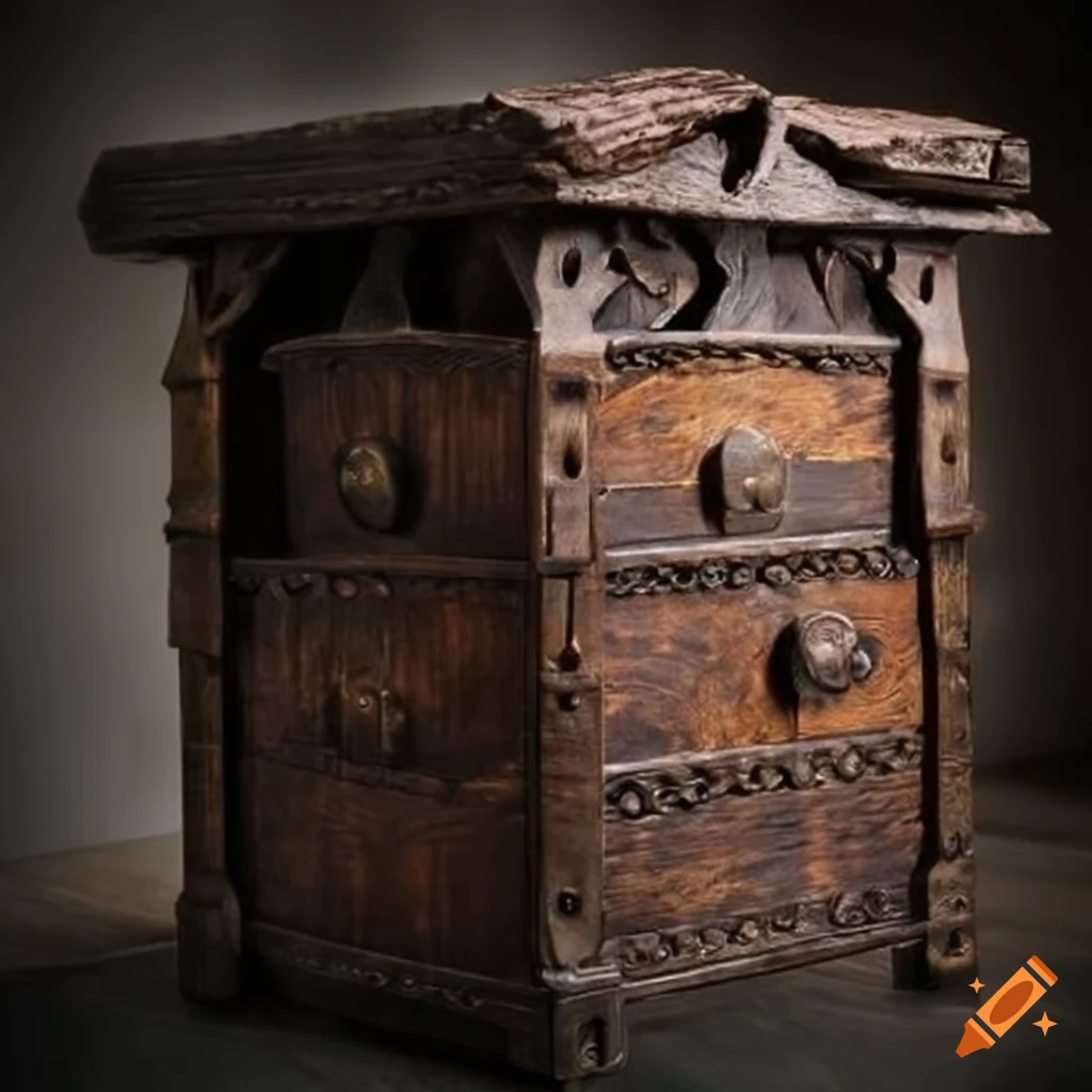 Medieval heavy oak chest with iron fittings in a fantasy setting on Craiyon
