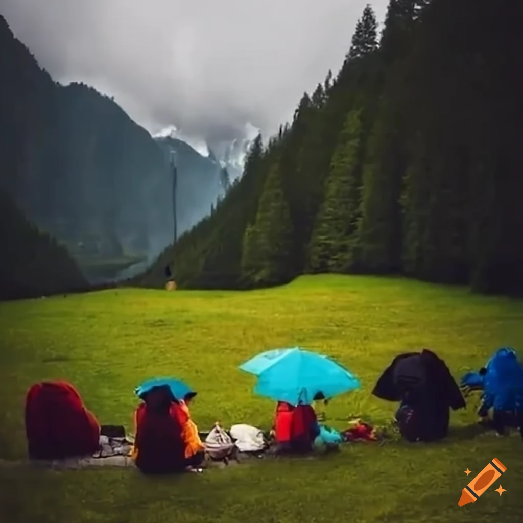 People having a picnic in heavy rain in the alps on Craiyon
