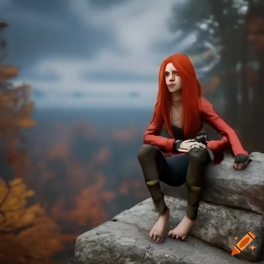 Pale Skinned Red Haired Sci Fi Elf Girl Sitting On Rock Wall In Autumn Forest On Craiyon