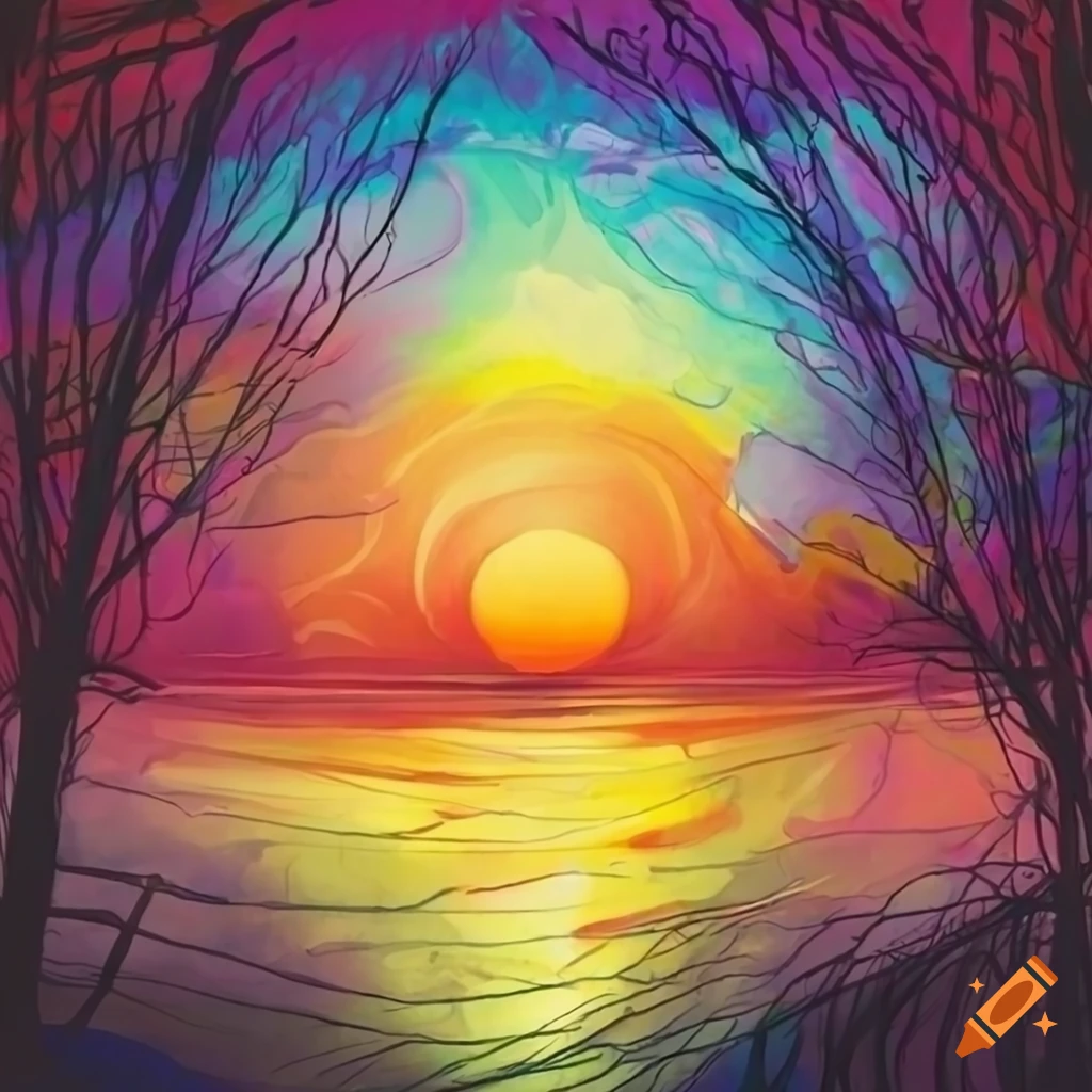 Abstract drawing of trees and sunset on Craiyon