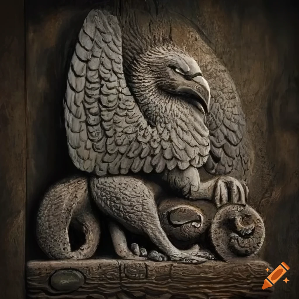Medieval stone carving of a gryphon with raindrops and greenery on Craiyon