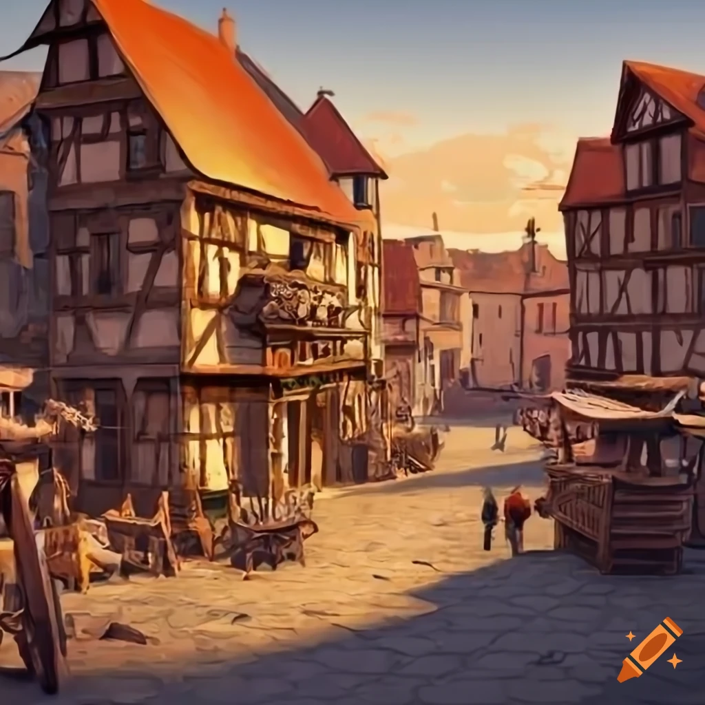 Medieval marketplace with merchants selling goods in a town on Craiyon