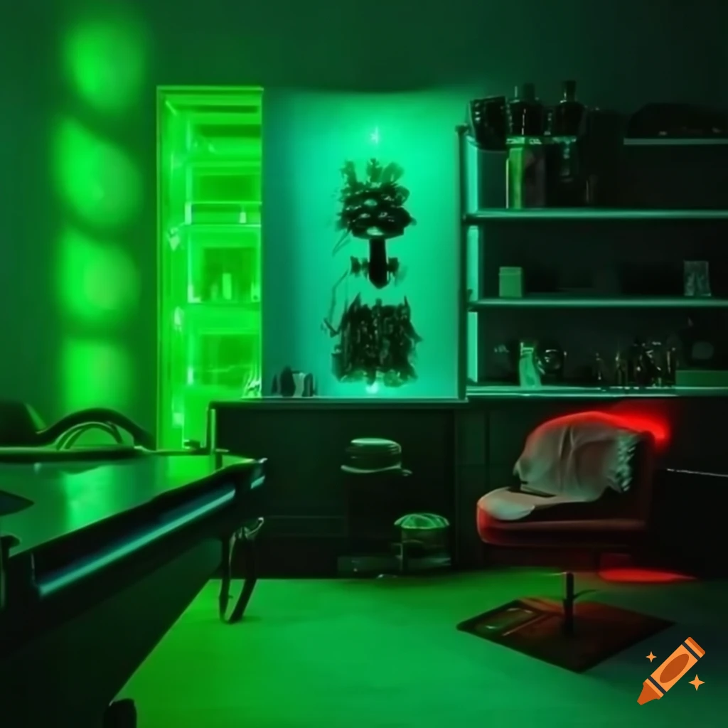Stylish game room with green neon lights on Craiyon