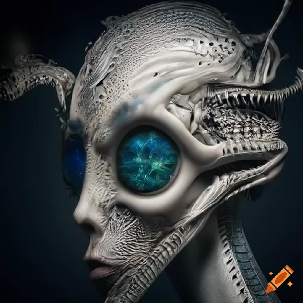 Surreal alien creature with biomechanical features playing musical ...