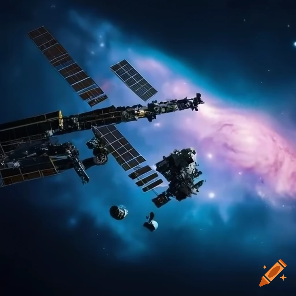 Space station floating in a galaxy amidst cosmic clouds on Craiyon