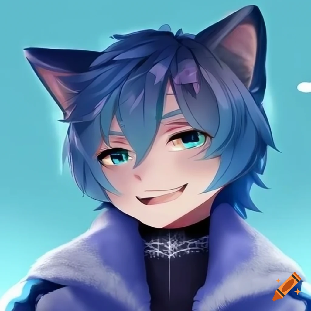 Catboy with sky blue hair and tail on Craiyon