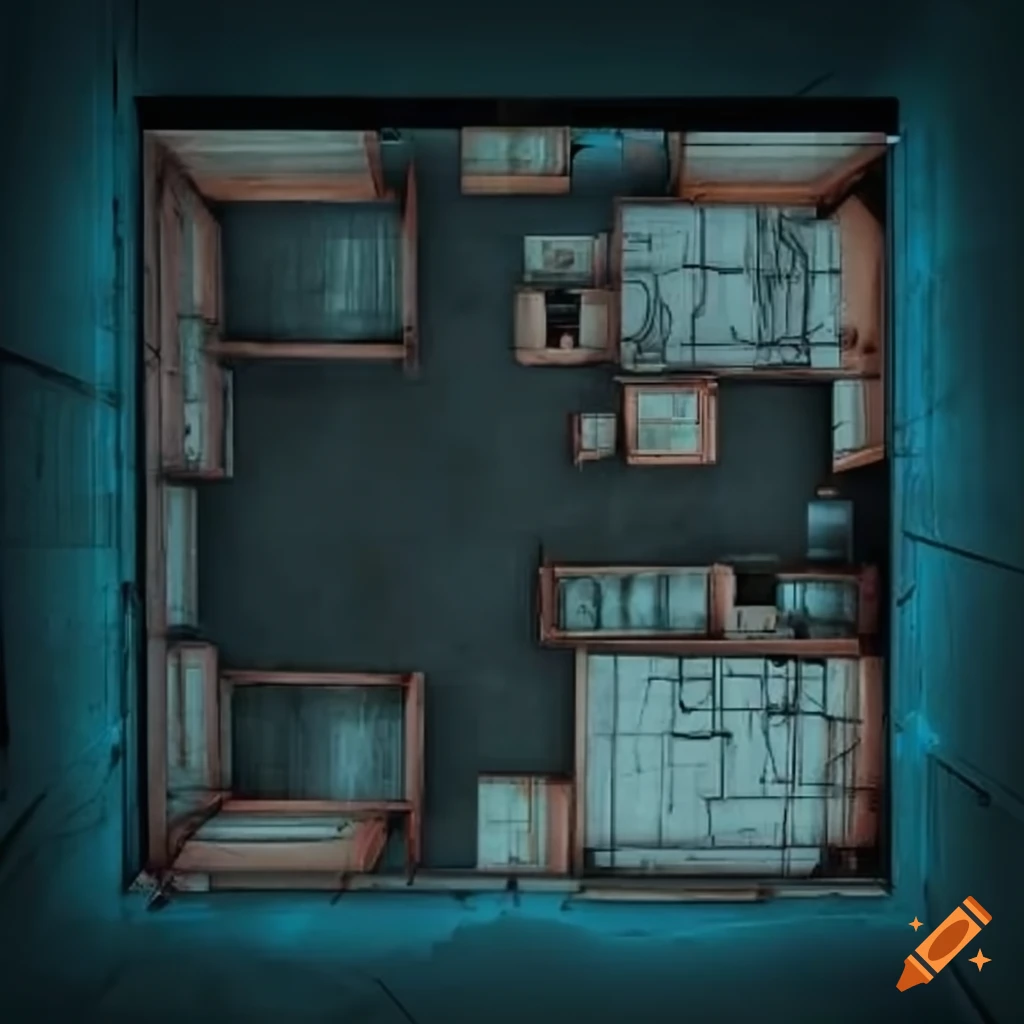 Top view of an empty trash depot room with overhead lights above tables ...