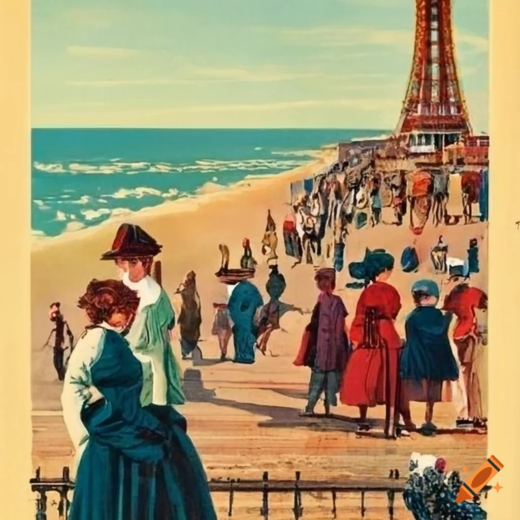 Vintage travel poster of victorian tourists at blackpool by the sea on ...