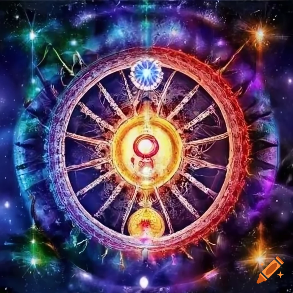 Shiva dancing with cosmic wheel, sun, chakra symbols and earth for ...