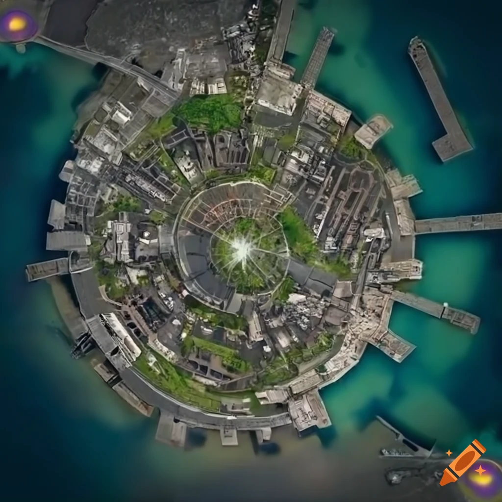 Top-down view of a post-apocalyptic city on an island with a completely ...
