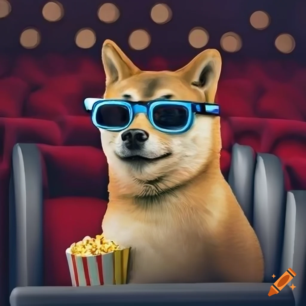 Realistic portrait of a doge wearing glasses eating popcorn in a movie ...