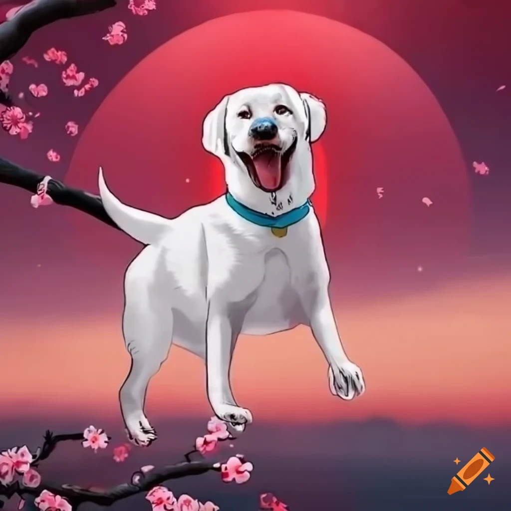 Krypto the white super labrador flying over a cherry blossom tree with ...