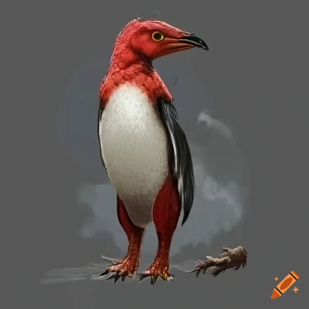 Crimson red penguin and prehistoric terror bird in Arctic predator ...