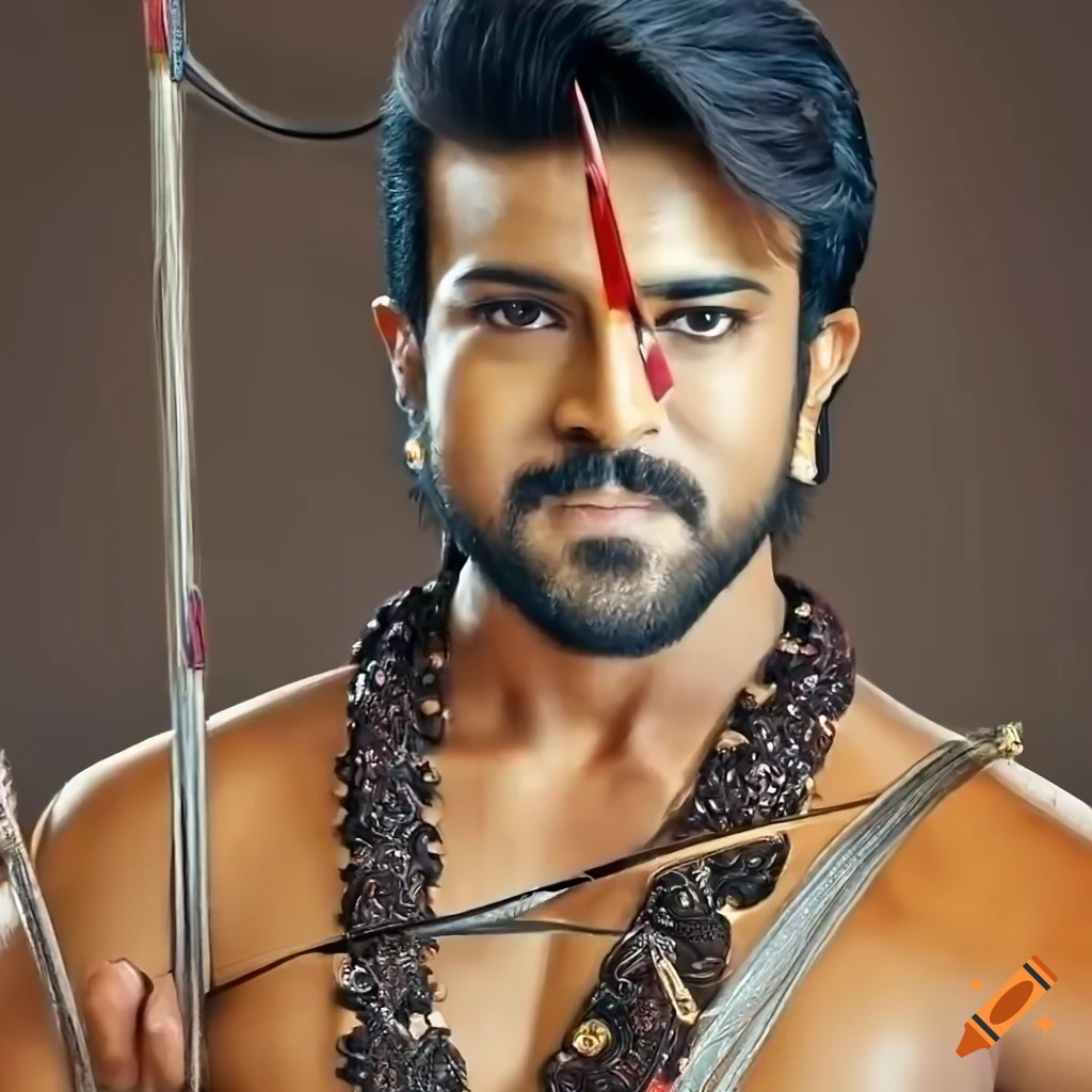 Portrait of south indian actor ram charan as hindu god rama with bow ...