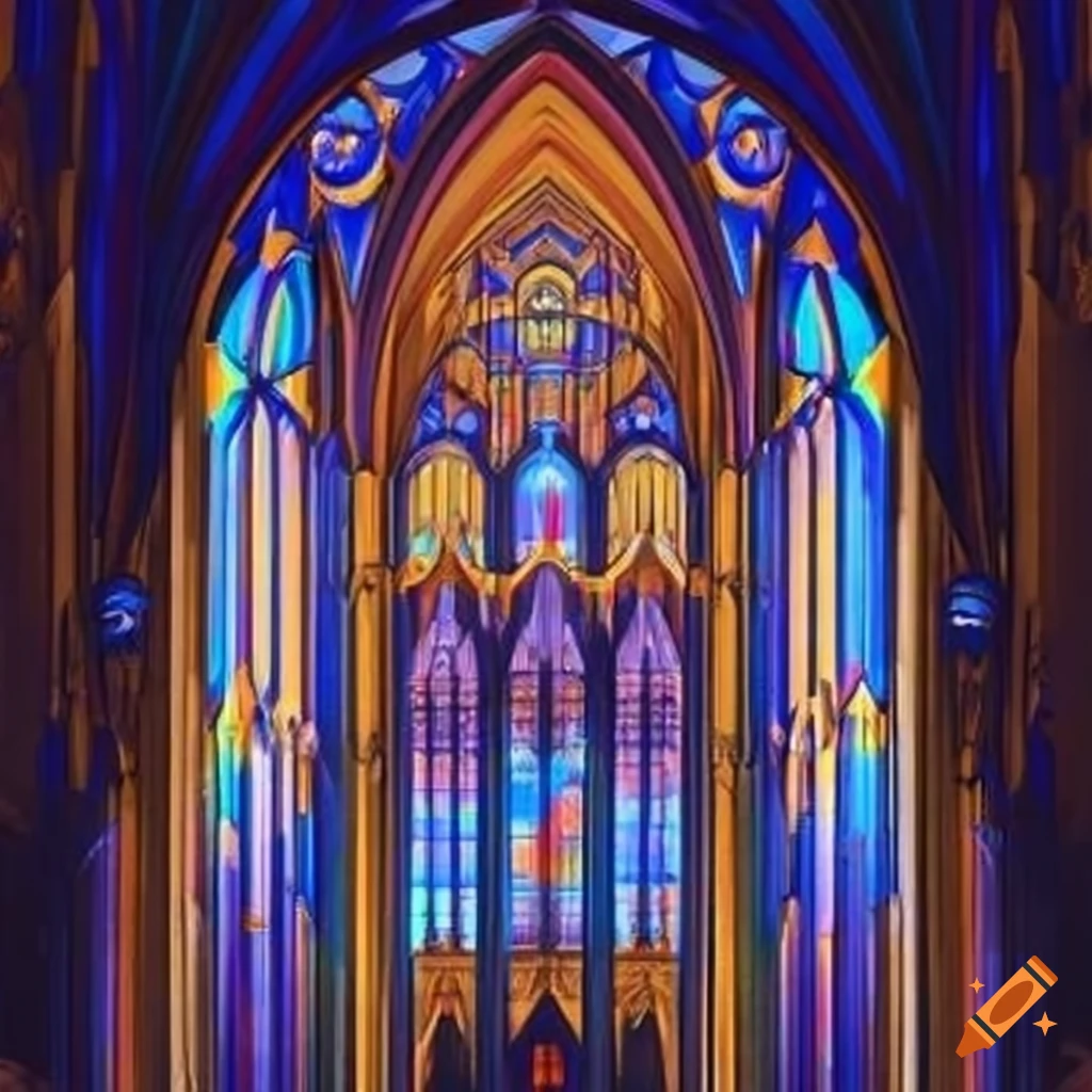 Colorful cathedral with blue and gold stained-glass windows in sunlight ...