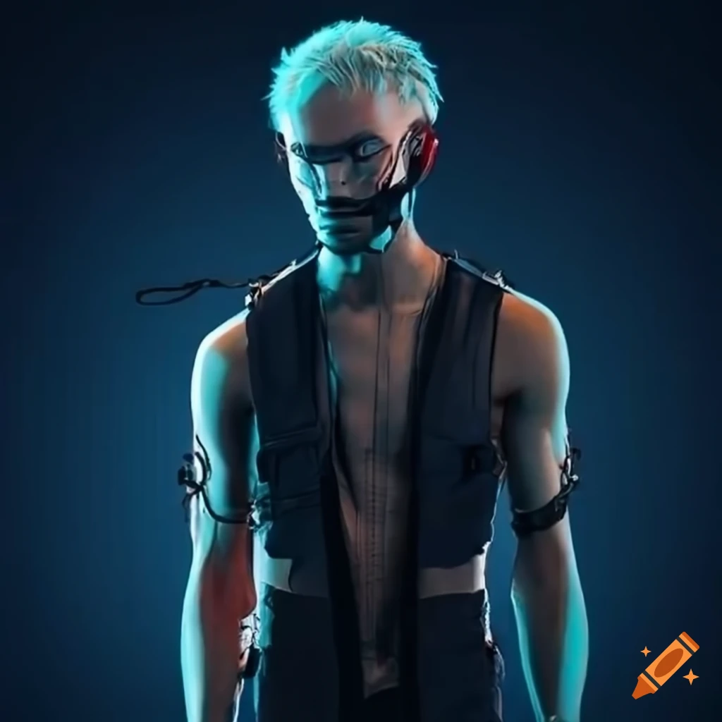 Skinny cyberpunk tech guy in streetwear with gadgets on Craiyon