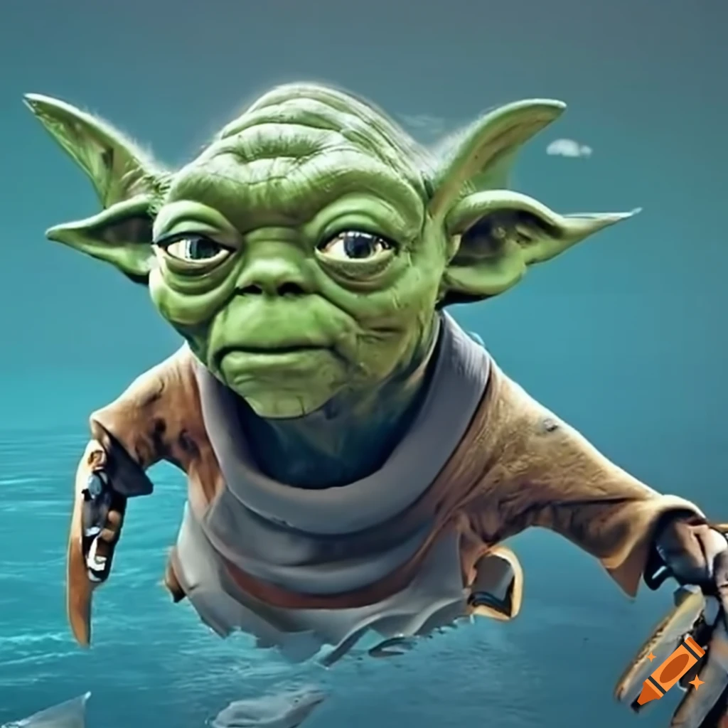 Jamaican Yoda surfing with robot sharks on Craiyon