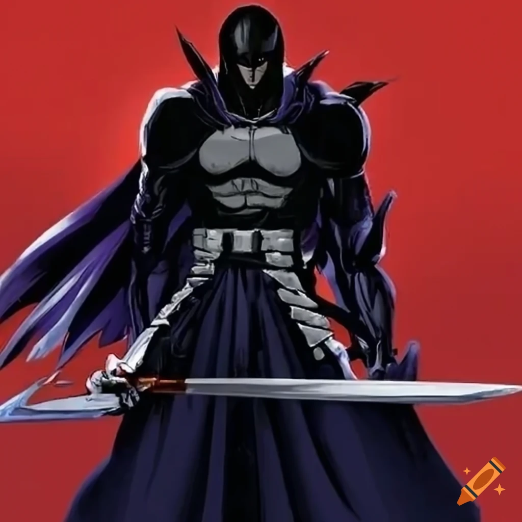 Fusion of batman and kenshin himura in black armor with a sword on Craiyon
